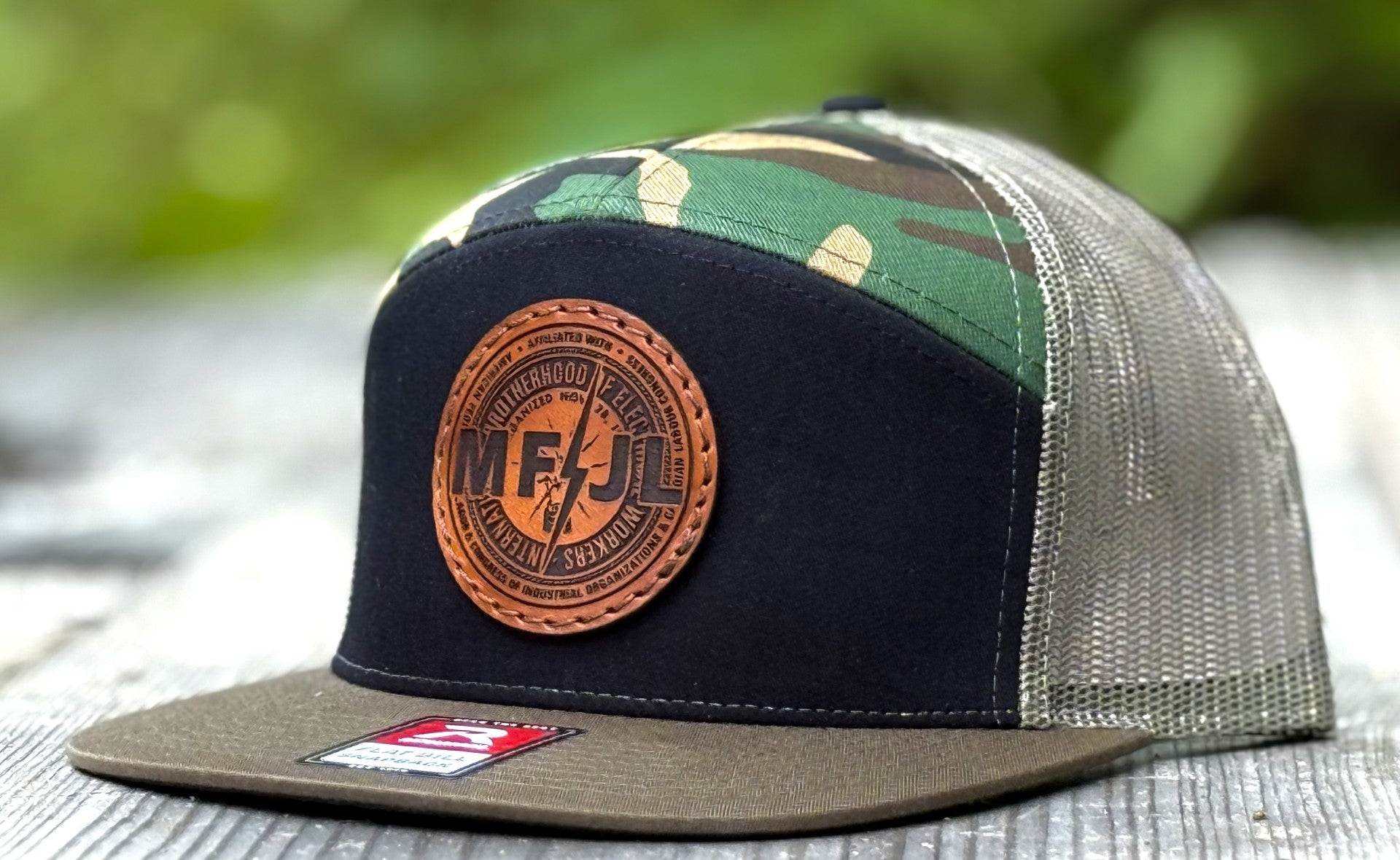 MFJL Union Lineman Circle Logo 7 Panel Flat Bill Leather Patch Hat ...